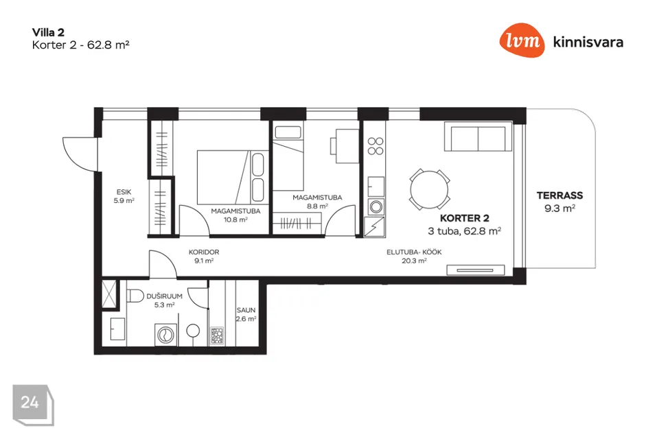 Müüa korter, 3 tuba, Villa tn 2-2, Kesklinn, Mai, Pärnu linn